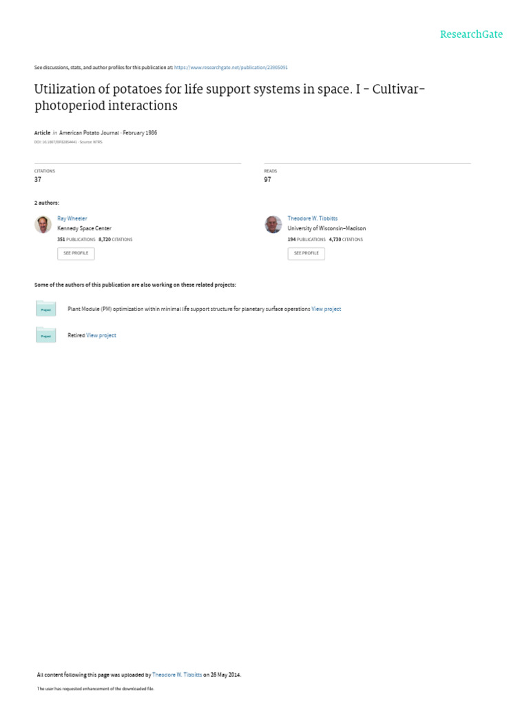 Utilization of Potatoes For Life Support Systems in Space | PDF