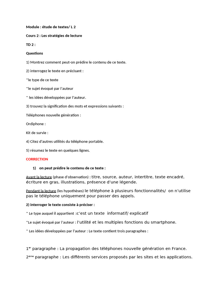 activité corrigée td 2 les stratégies de lect | PDF