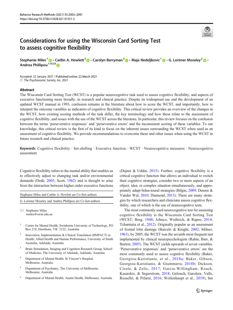 Considerations For Using The Wisconsin Card Sorting Test To Assess ...