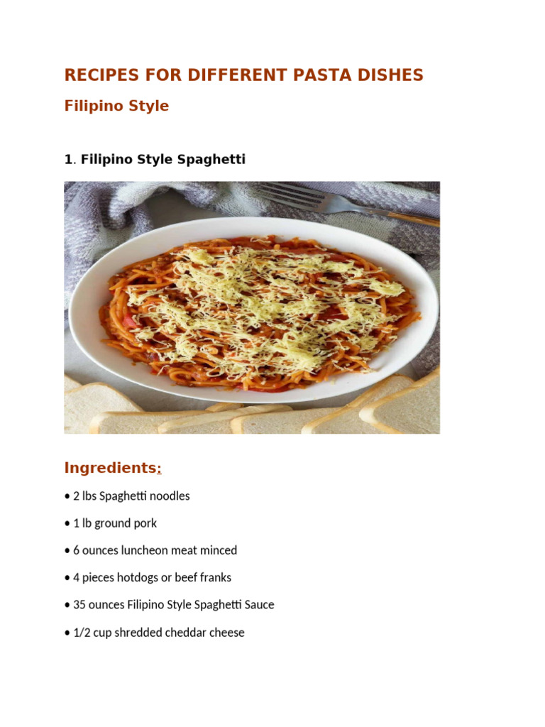 Recipes For Different Pasta Dishes: Filipino Style | PDF