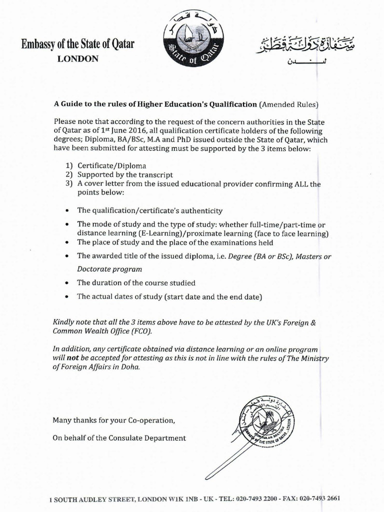 Qatar Embassy in London - Letter | PDF