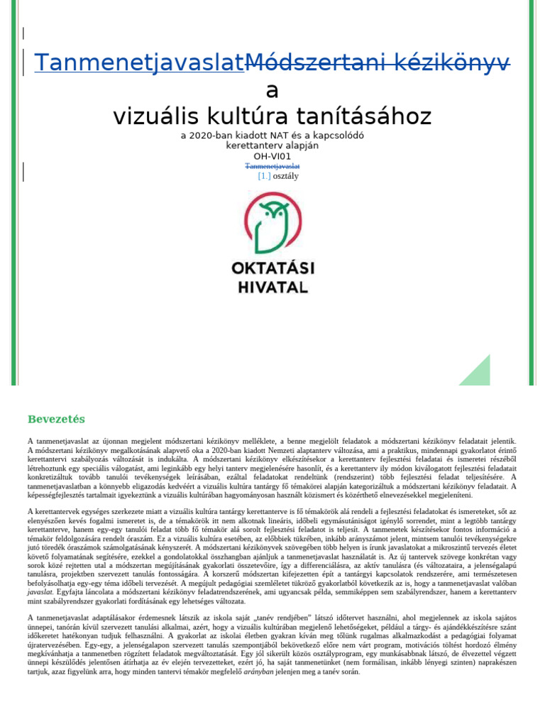 Vizuális Kultúra Tanmenet 1. O. | PDF