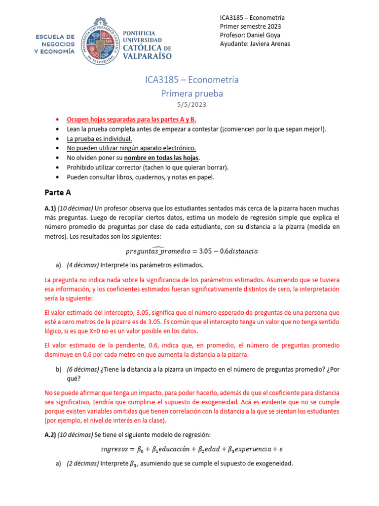 Pauta Prueba 1 2023-1 econometria | PDF