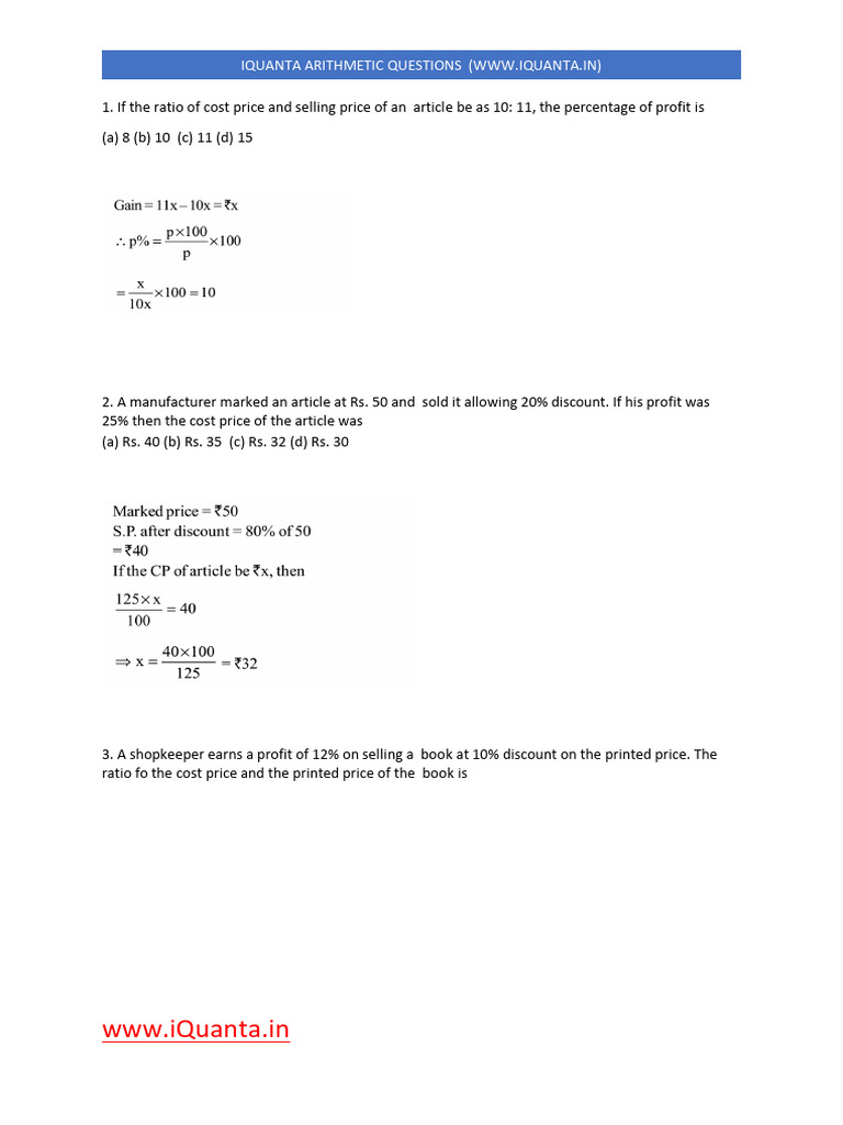 Arithmetic Question Bank | PDF