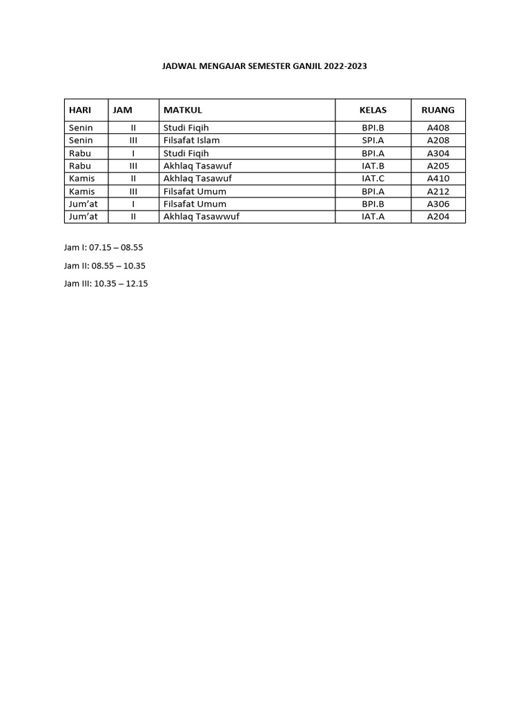 Jadwal Mengajar Semester Ganjil 2023 | PDF