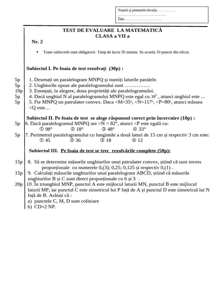 Test A 7a NR 2 Patrulater, Paralelogram | PDF