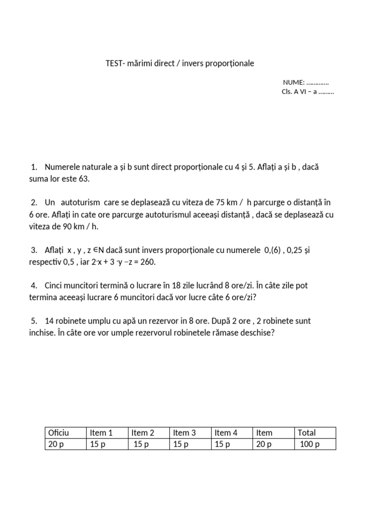Test Marimi Direct Si Invers Proportionale | PDF