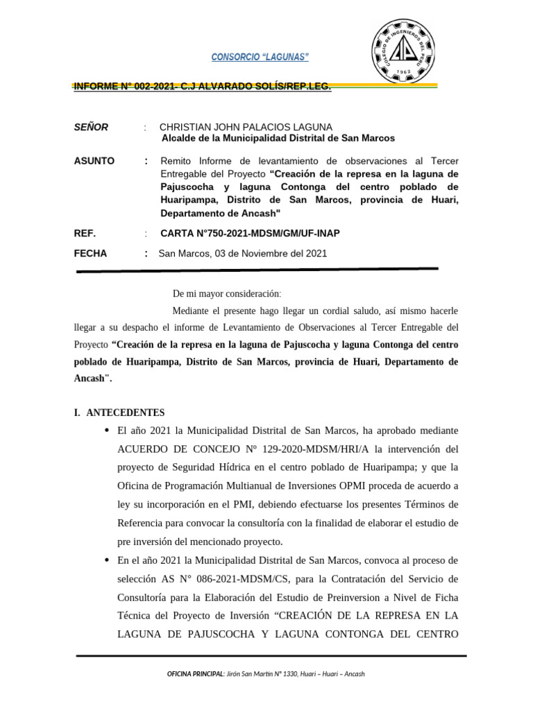 INFORME #002, - Levantamiento de Observaciones Del 2DO ENTREGABLE | PDF