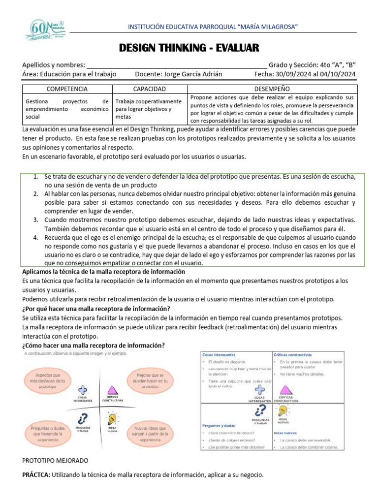 4to Técnica Design Thinking - Evaluar | PDF