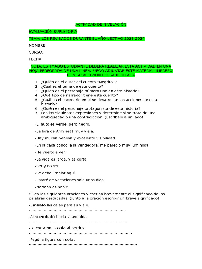 Actividad de Nivelación Supletorio Primera Clase. | PDF