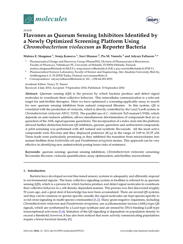 Flavones As Quorum Sensing Inhibitors Identified by A NewlyOptimized Screening Platform Using ...
