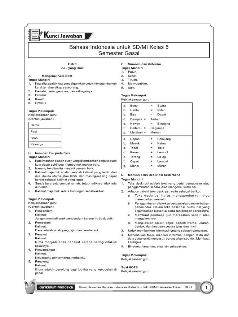 Kunci Ringkas B.indonesia 5 S1 K21 (Pilar P) | PDF