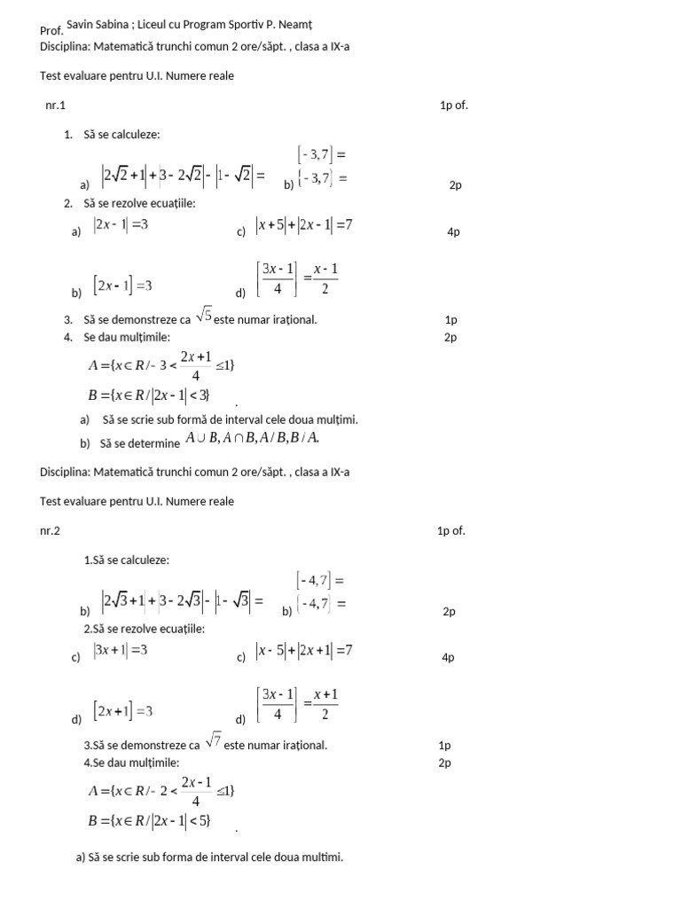 Numere Reale 9 TC | PDF
