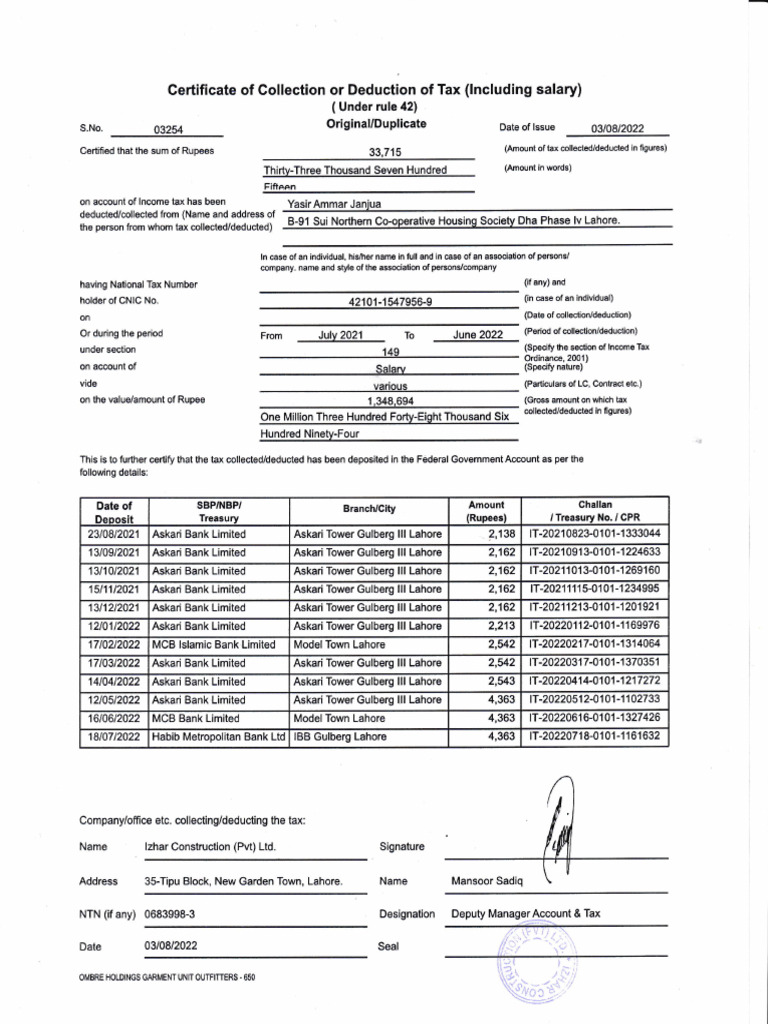 01- TAX Deduction Certificate (2022)-1 | PDF