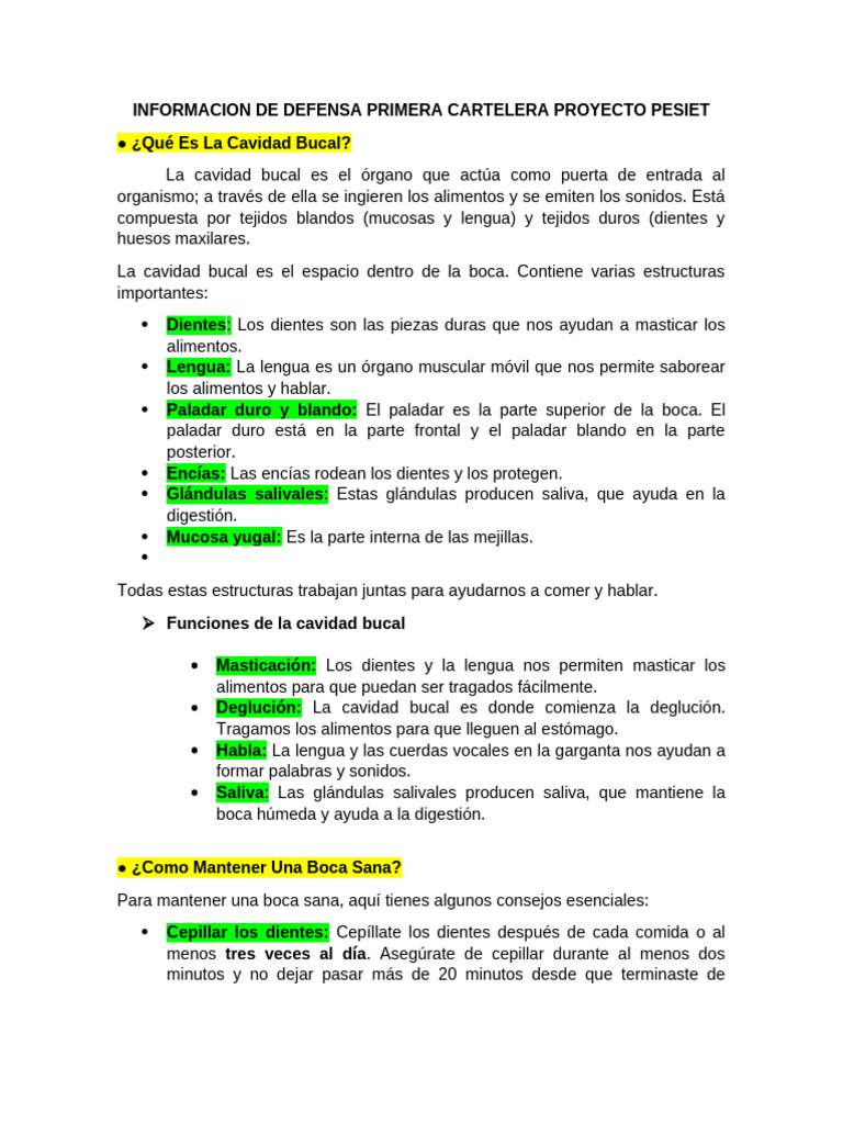 Informacion de Defensa Primera Cartelera Proyecto Pesiet | PDF