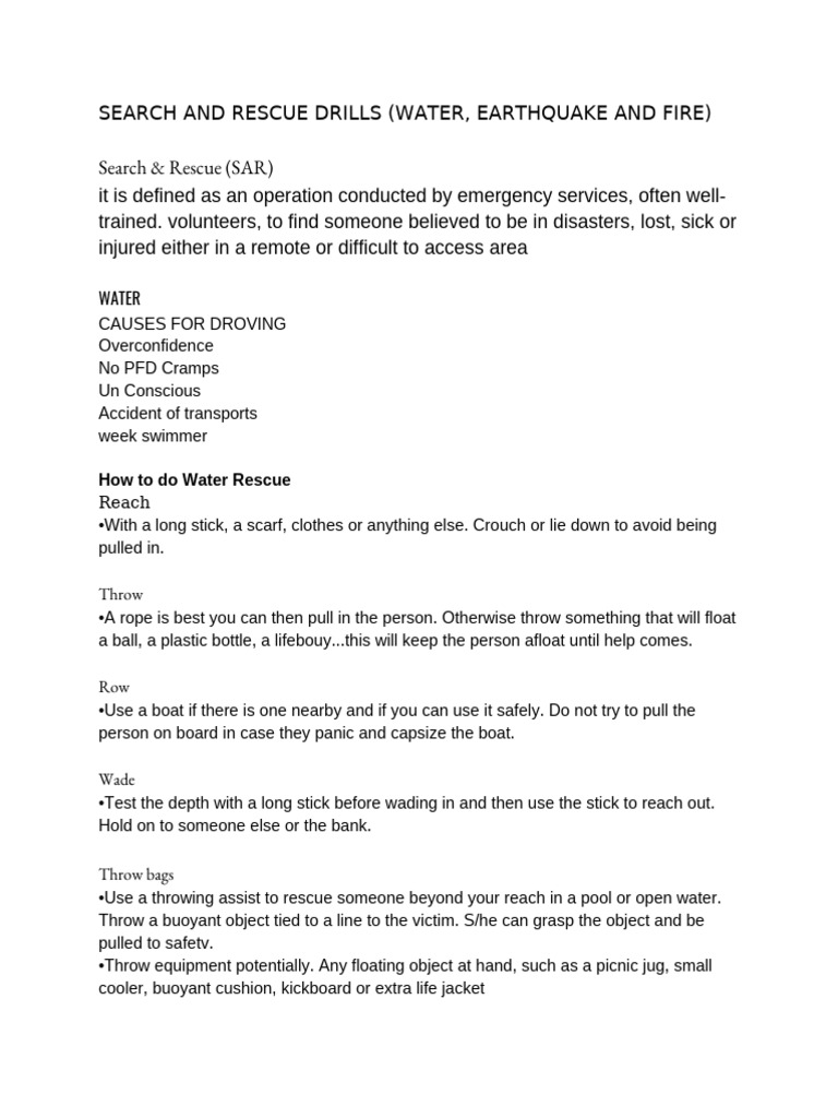 Search and Rescue Drills Water Earthquake and Fire | PDF | Search And ...
