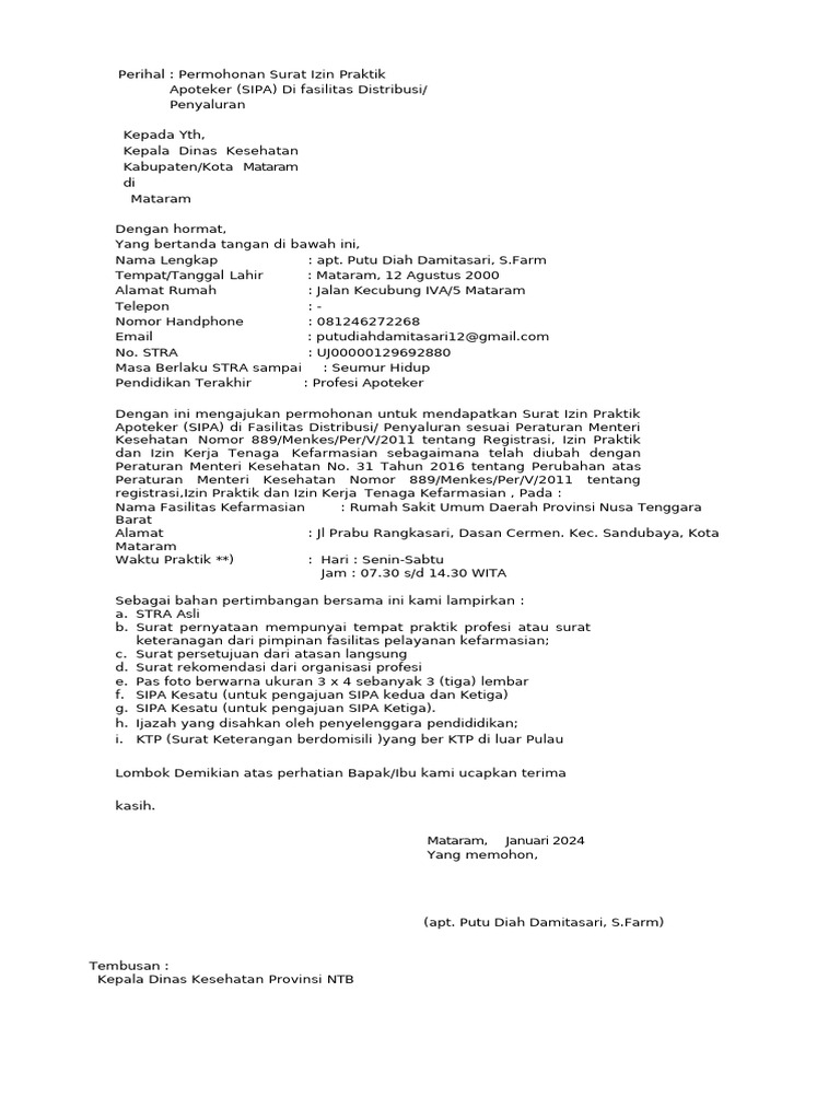 Form Permohonan SIPA Dinkes - Puput | PDF