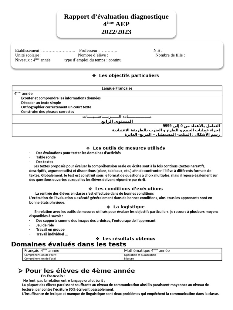 Ex1-Rapport Dévaluation Diagnostique 4eme Aep 2022-2023-Qissmicom | PDF