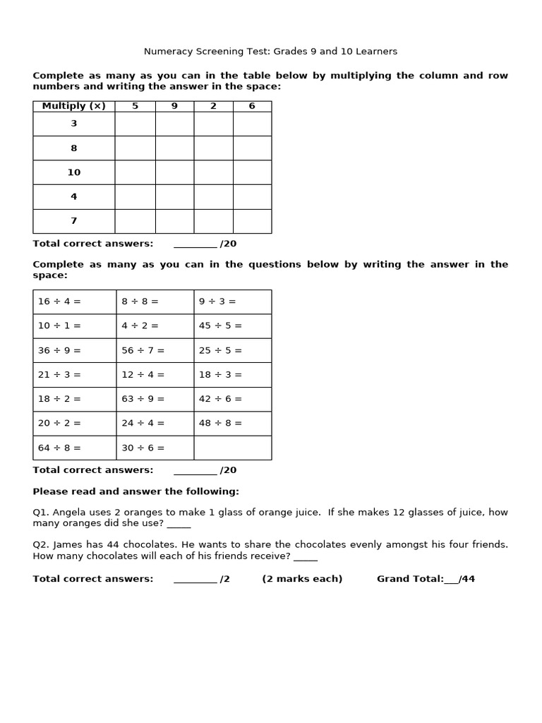 Assessment Tool - Numeracy Grd.9-10 | PDF