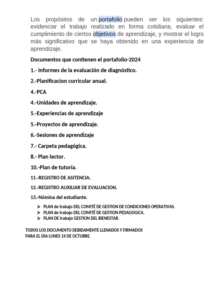 Documentos Que Contienen El Portafolio 2024. | PDF