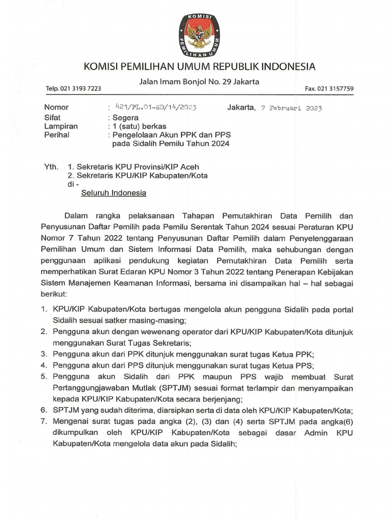 421 - SD Sekjen - Pengelolaan Akun PPK Dan PPS Pada Sidalih Pemilu Tahun 2024 | PDF