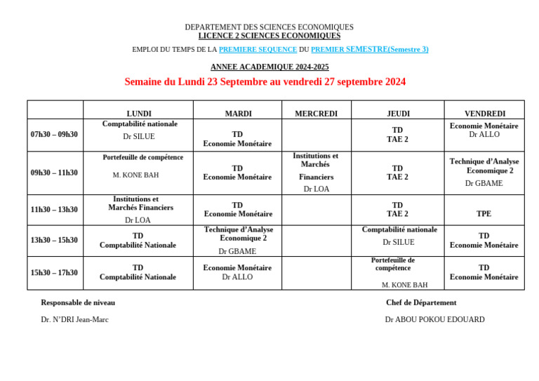 Emploi Du Temps l2 Semestre 3 Sequence 1 2024-2025 | PDF