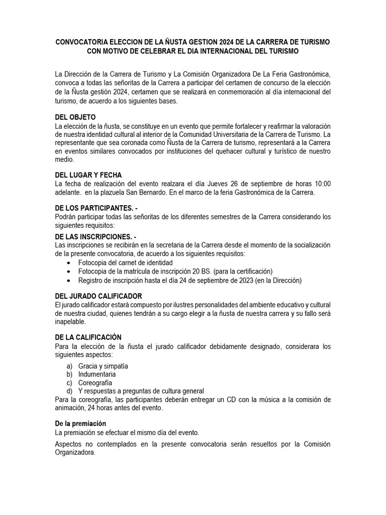 Convocatoria Eleccion de La Ñusta Gestion 2024 de La Carrera de Turismo ...
