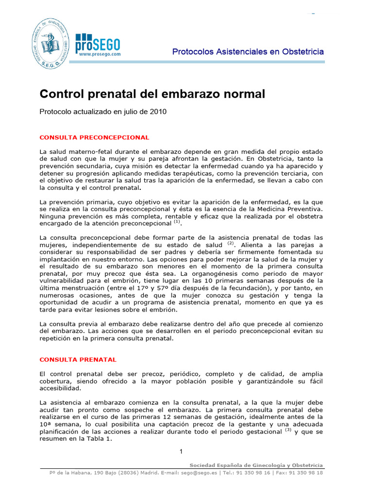 Control Prenatal Del Embarazo Normal - Protocolo Actualizado en Julio de 2010 | PDF