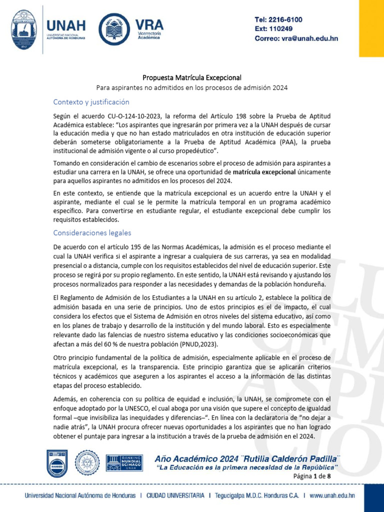 Matricula-Excepcional-UNAH-Julio-2024 | PDF