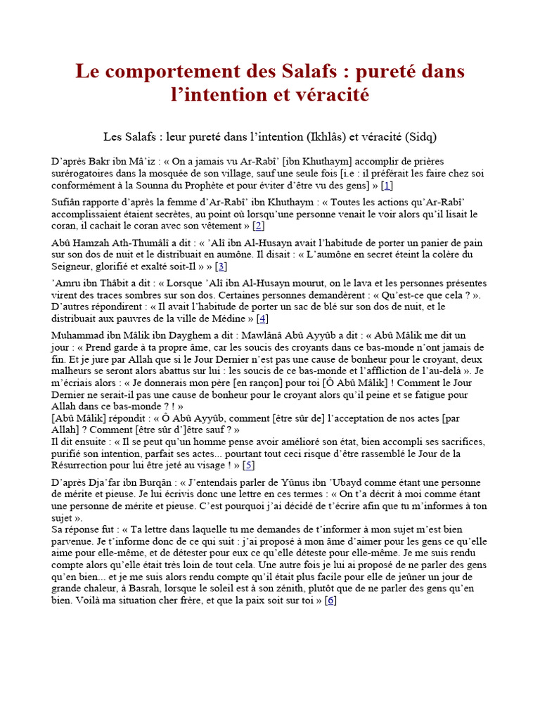 Le Comportement Des Salafs Pureté Dans L'intention Et Véracité | PDF