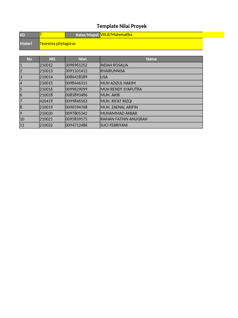 Template Nilai Proyek VIII.B Matematika | PDF