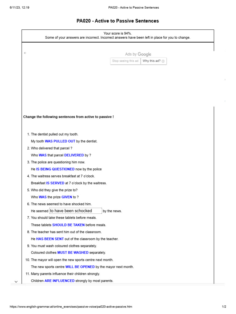 PA020 - Active To Passive Sentences | PDF