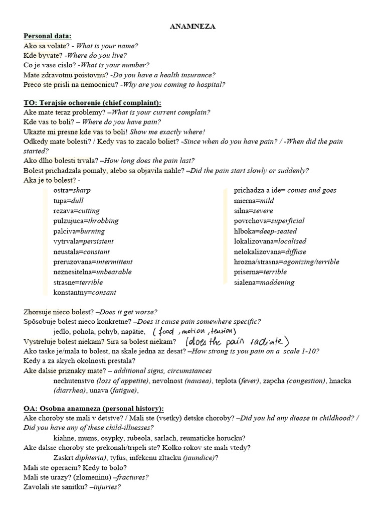 ANAMNEZA Slovak Sheet | PDF