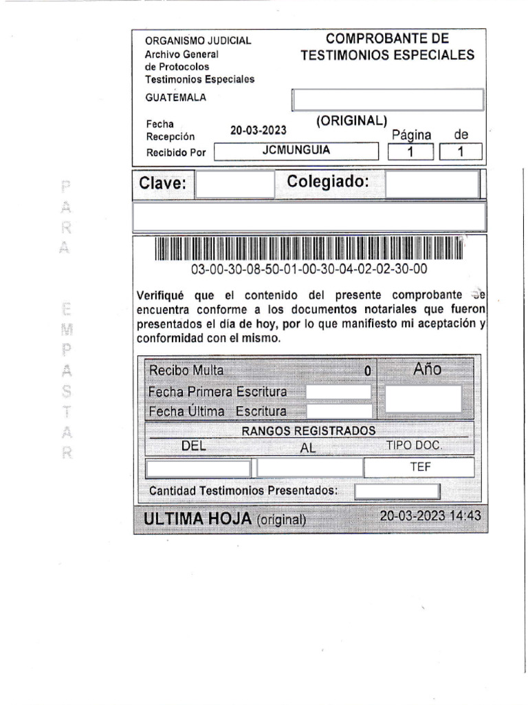 Comprobante de Testimonios Especiales Editable | PDF