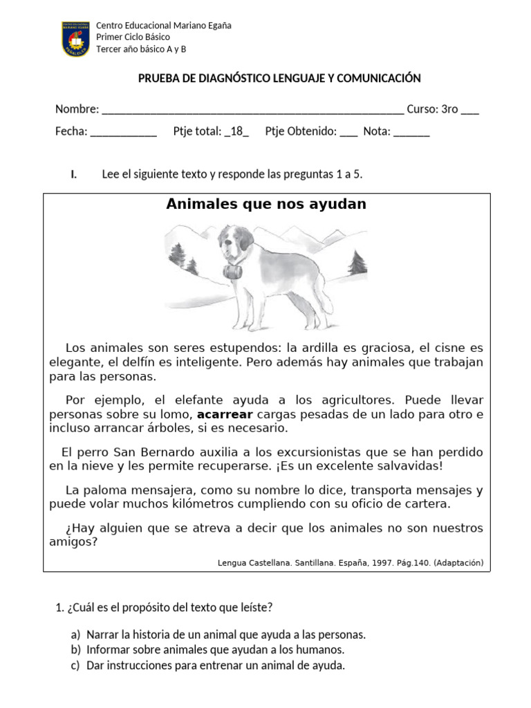 Prueba Diagnóstica de Lenguaje 3° Básico | PDF | Reptil | Murciélago