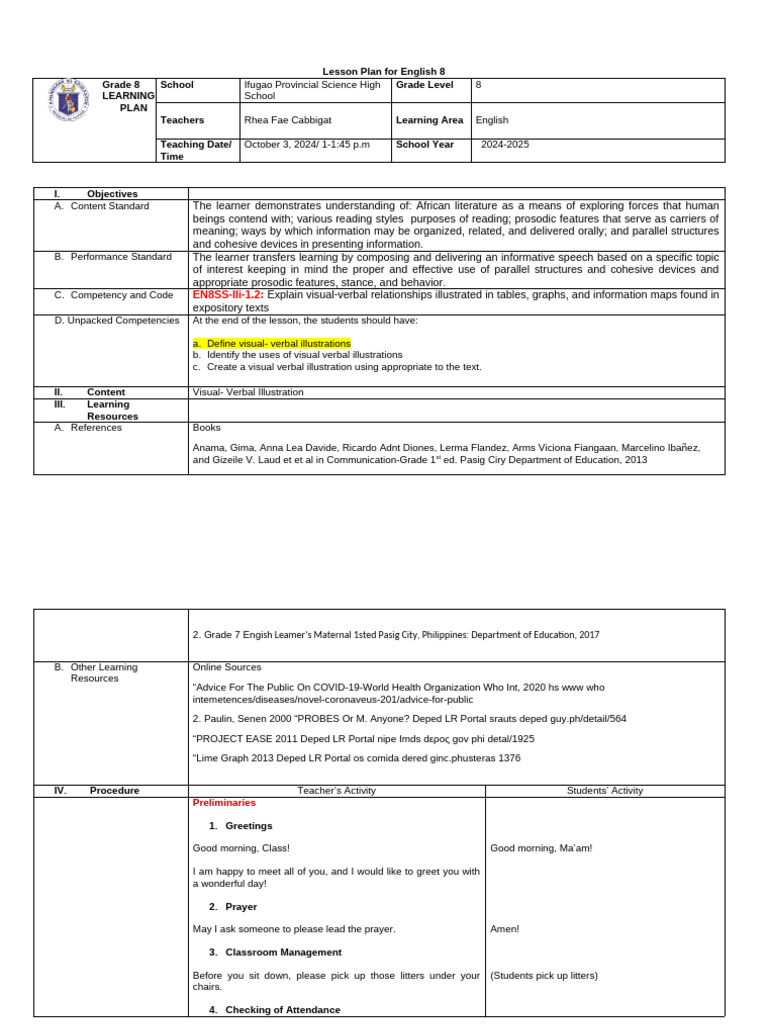 DLP 2-Grade 8 Verbal Visual Illustration | PDF | Chart | Infographics
