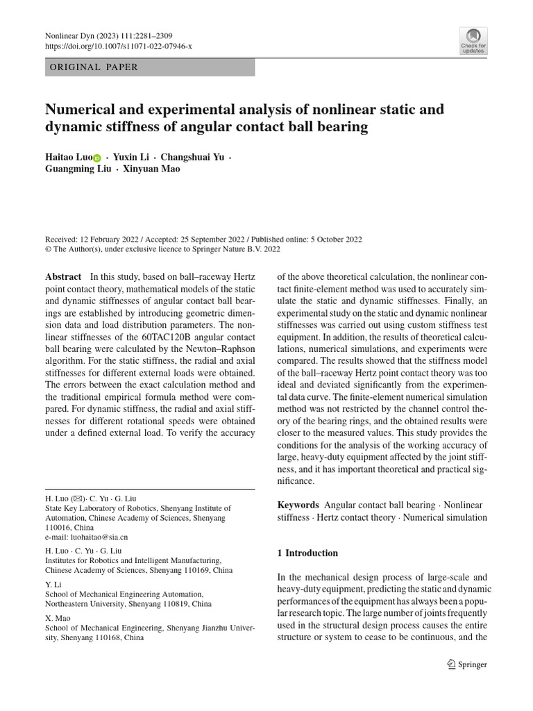 Nonlinear Static and Dynamic Stiffness of Bearing | PDF