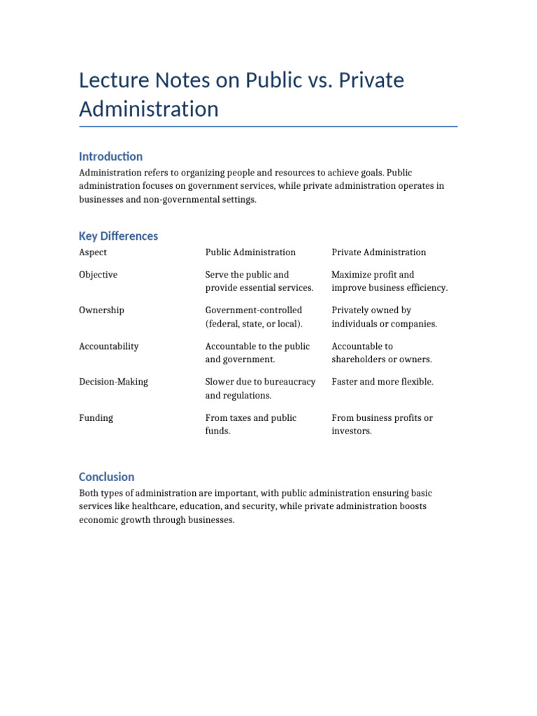 Lecture Notes Public Vs Private Administration | PDF