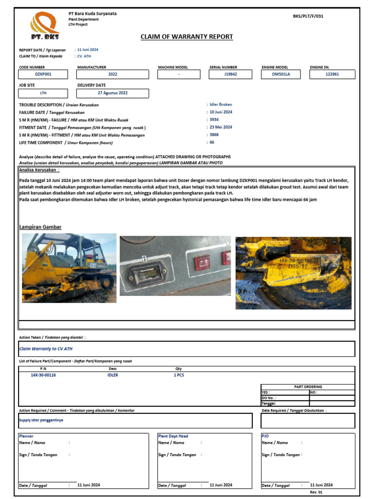 Bni - PLT - F - 031 CWR (Claim Warranty Report) | PDF