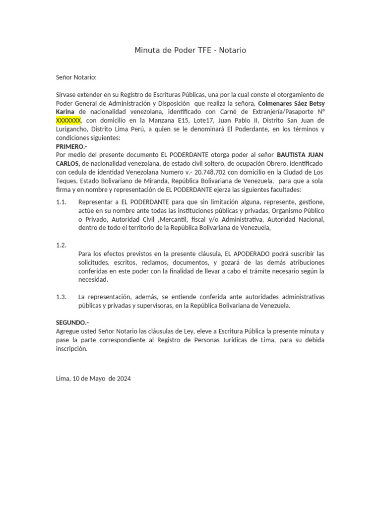 Minuta de Poder Notarial en Venezuela | PDF | Direito