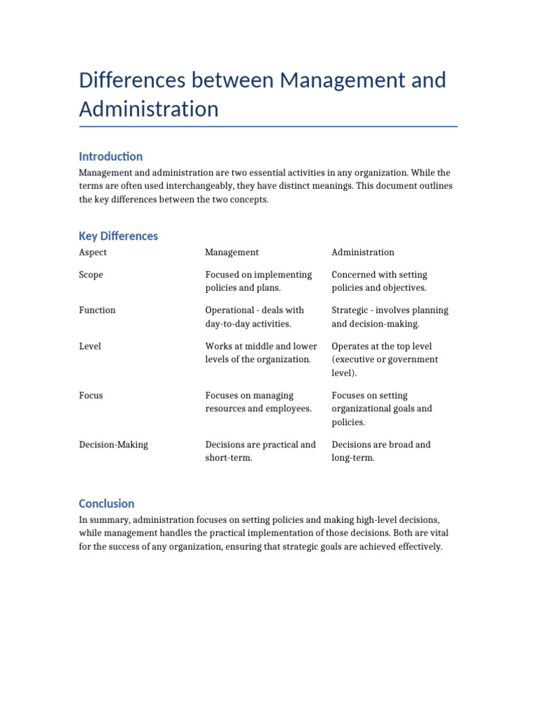 Differences Between Management and Administration | PDF