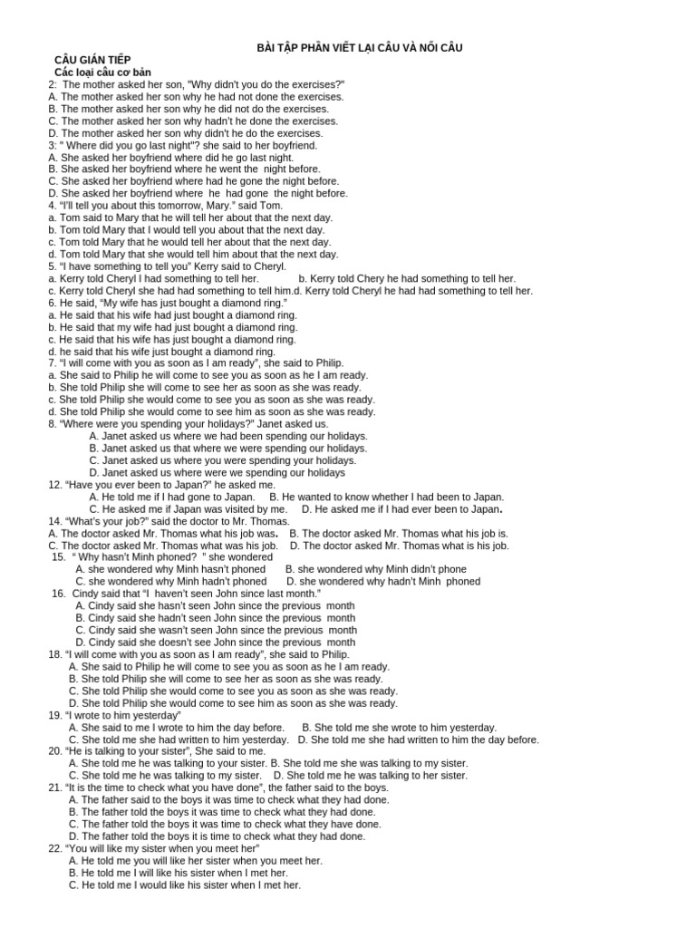 BÀI TẬP PHẦN VIẾT LẠI CÂU VÀ NỐI CÂ1 | PDF