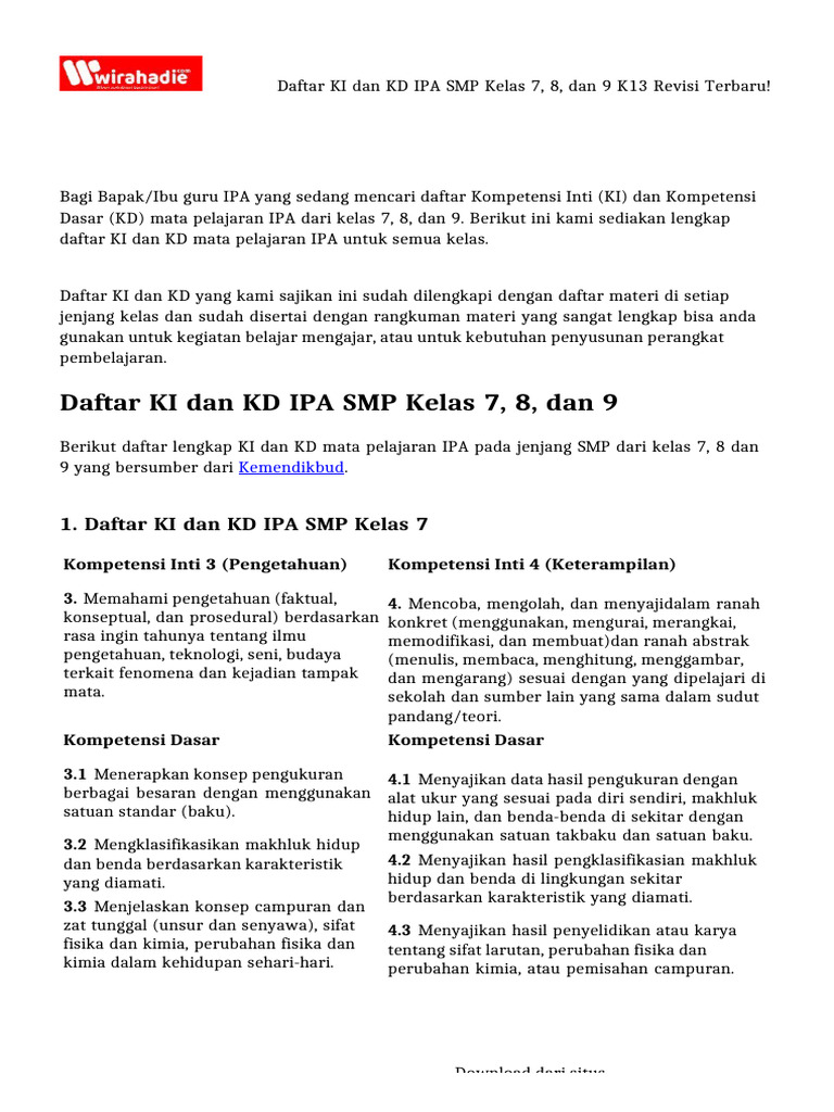 Daftar KI Dan KD IPA SMP Kelas 7, 8, Dan 9 K13 Revisi Terbaru! | PDF