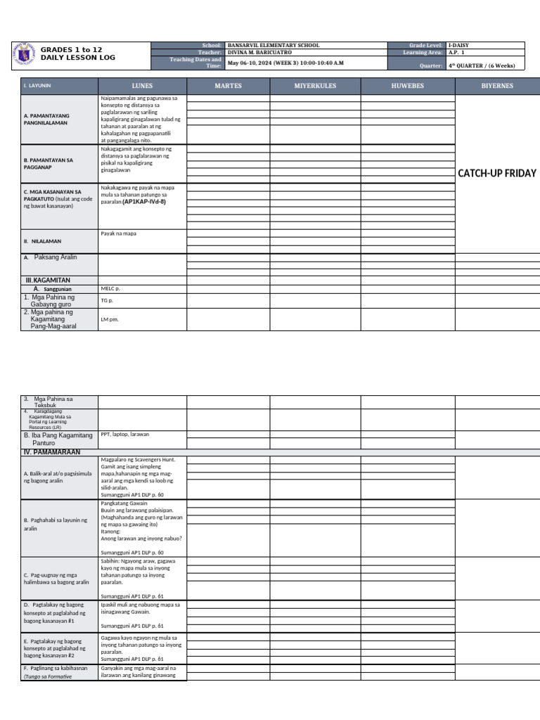 DLL - AP 1 Week 6-4th QTR | PDF | Differentiated Instruction | Behavior Modification