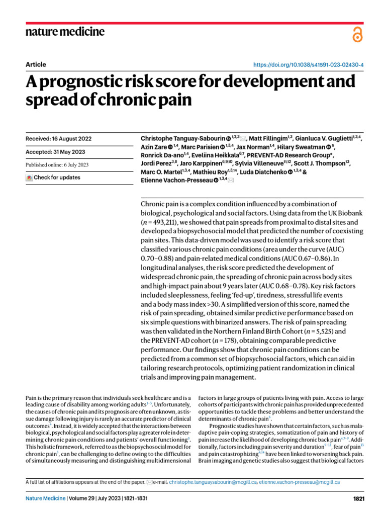 A Prognostic Risk Score For Development and Spread of Chronic Pain | PDF