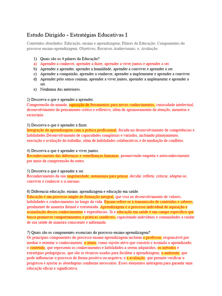 Estudo Dirigido - Estratégias Educativas I | PDF