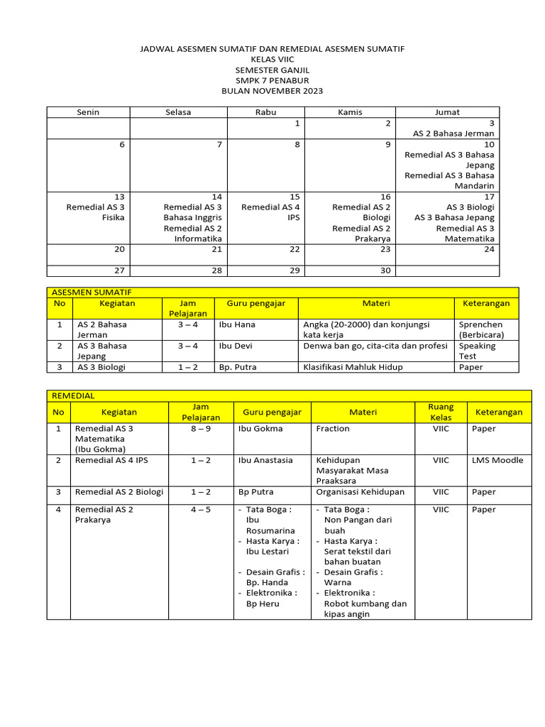 Viic Jadwal Penilaian Harian Bulan November 2023 | PDF