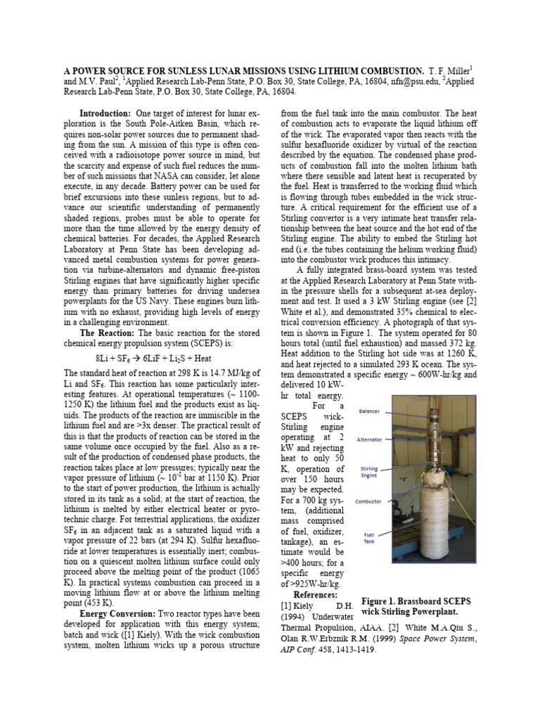 A Power Source For Sunless Lunar Missions Using Lithium Combustion | PDF