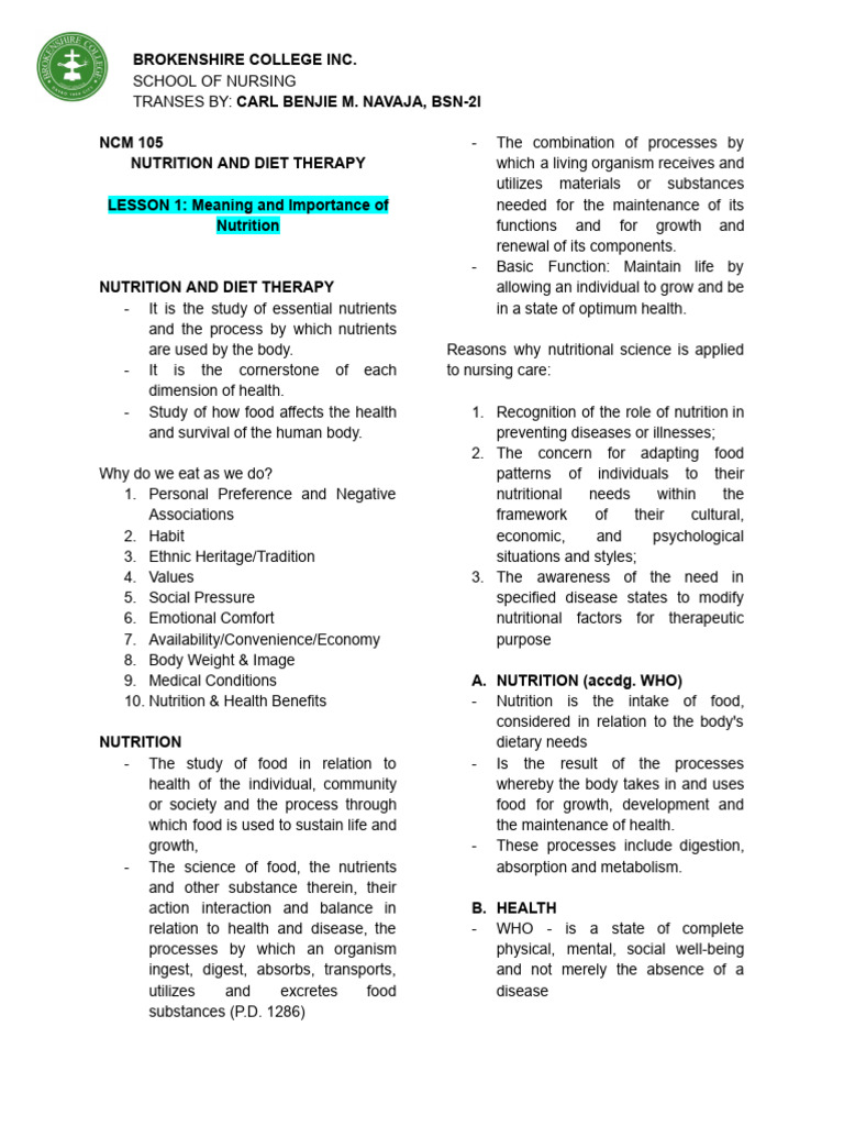 NCM 105 Nutrition and Diet Therapy Transes PRELIM | PDF