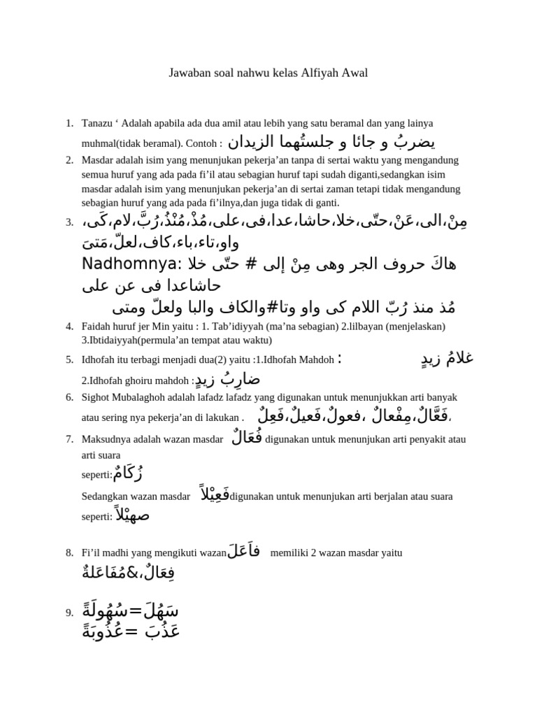 Jawaban Soal Nahwu Kelas Alfiyah Awal | PDF